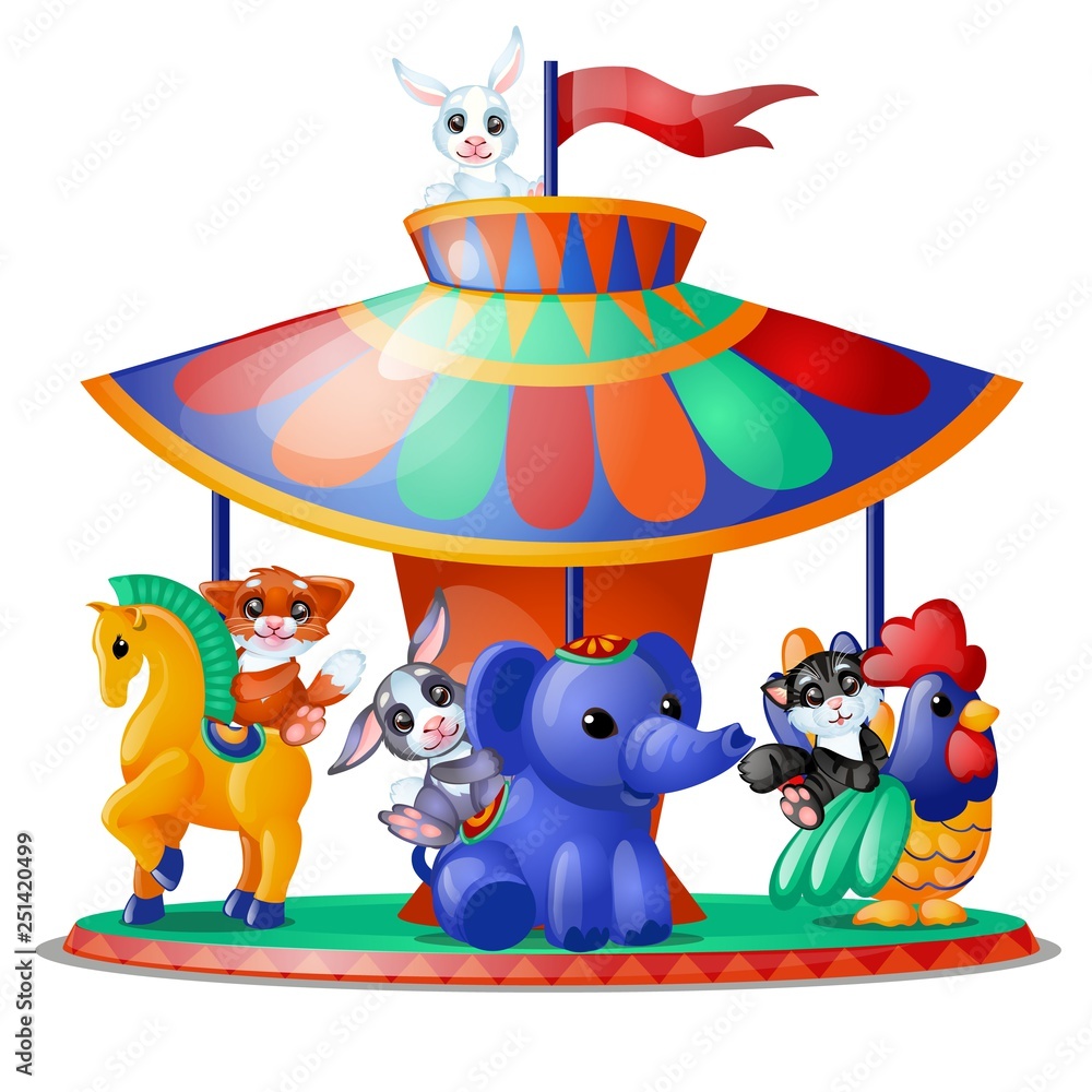 Cute funny animated animals ride the carousel isolated on white ...