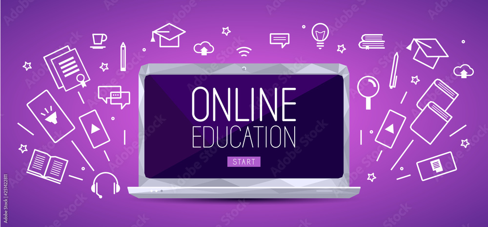 Online education banner with screen of laptop and outline icons on ...