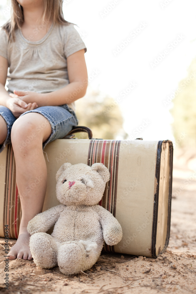 Little Girl with Ragged Teddybear and Suitcase - Poverty, Homelessness ...