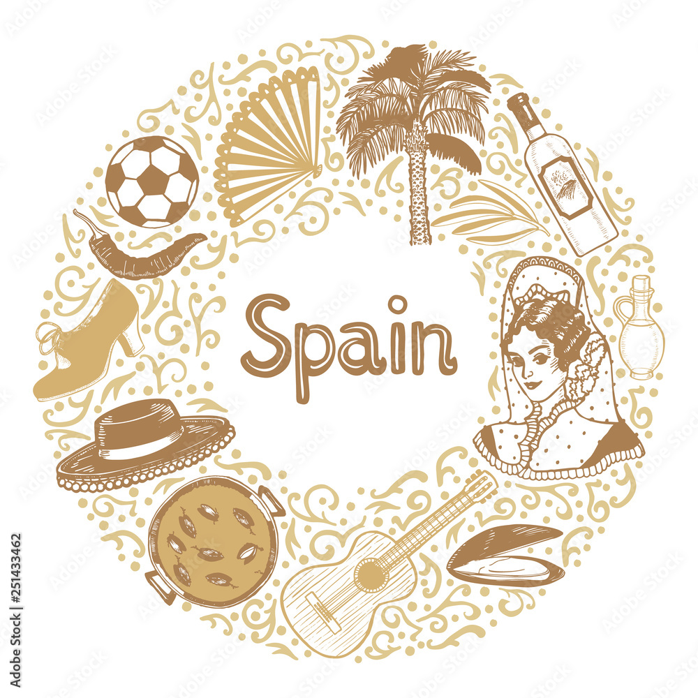 Round Composition with Spanish Symbols in Hand-Drawn Style Stock Vector ...