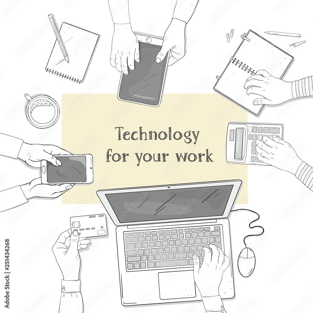 Business team working together at office desk. Desktop with hands ...