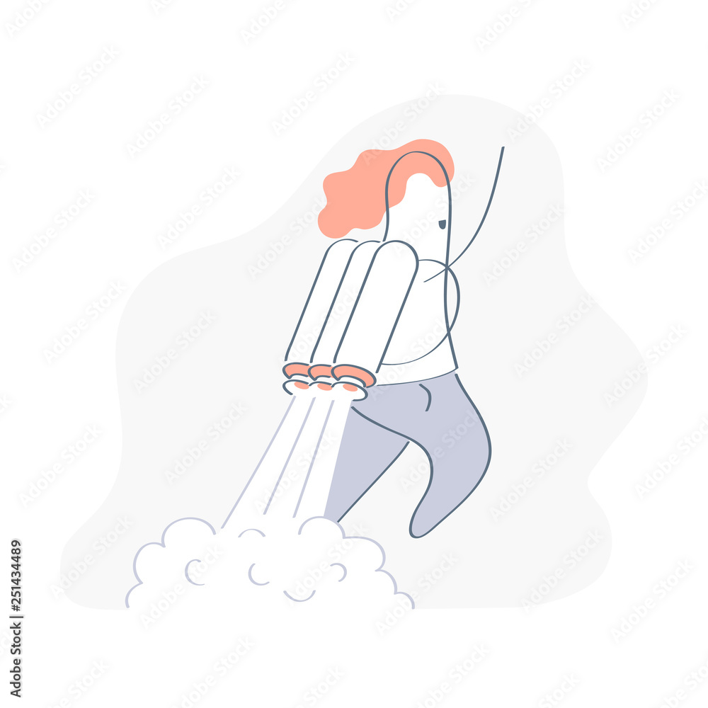 Cartoon businesswoman flying off with jet pack, business career boost ...