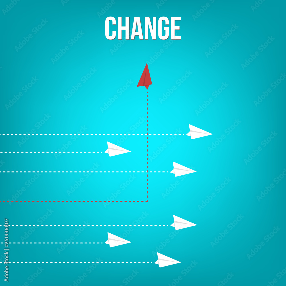 Red airplane changing direction and white ones. New idea, change, trend ...