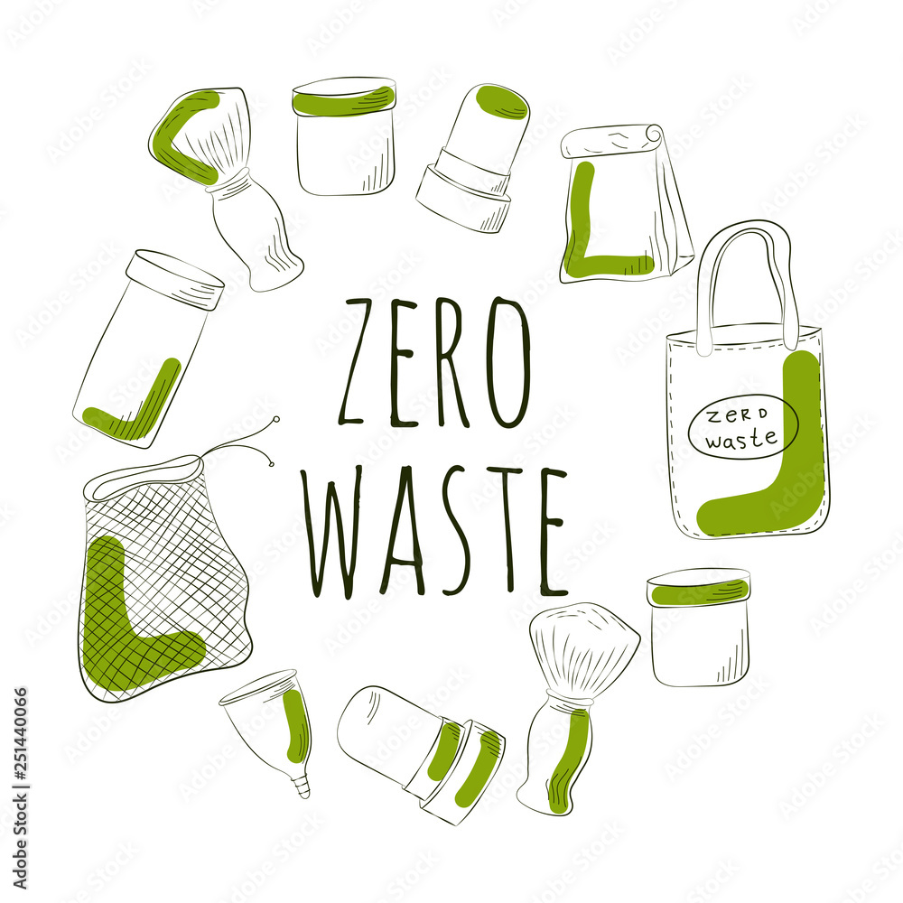 Zero Waste Concept Hand drawn elements of zero waste life. Vector ...
