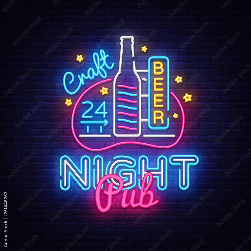 Pub Neon Signboard Vector. Beer Pub neon sign, design template, modern ...