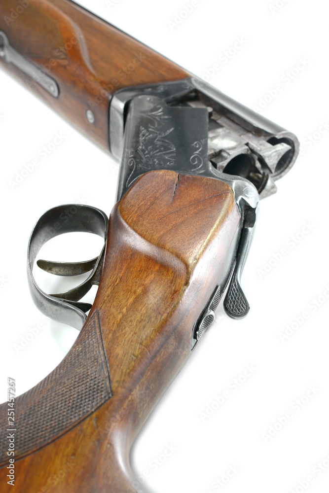 detail of the breech of a classic vertical over-under double barreled ...