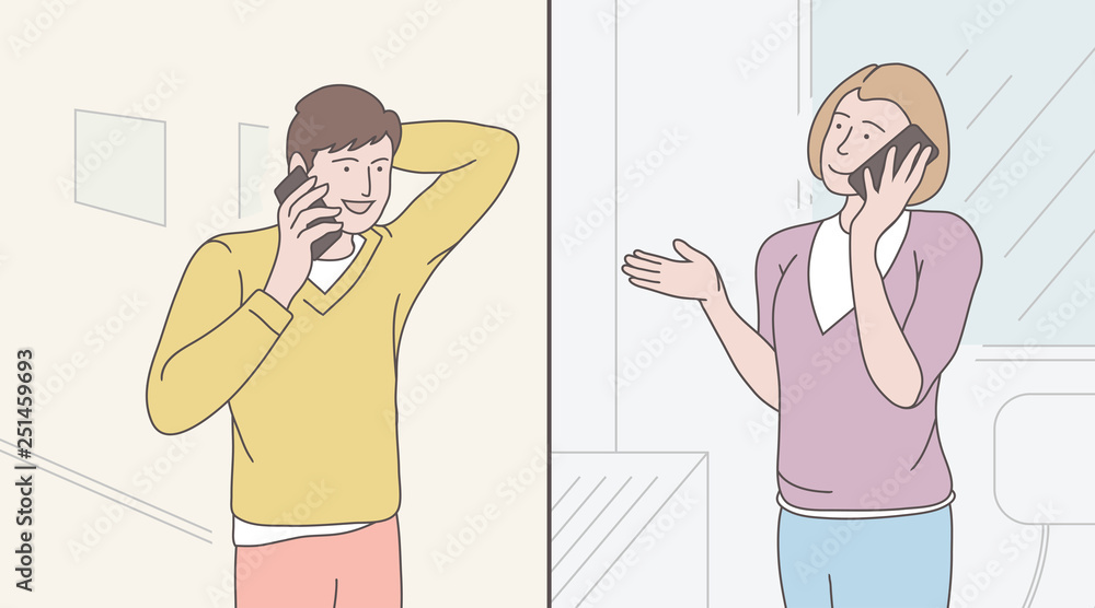 two people telephone conversation, mom and son talking on the phone ...