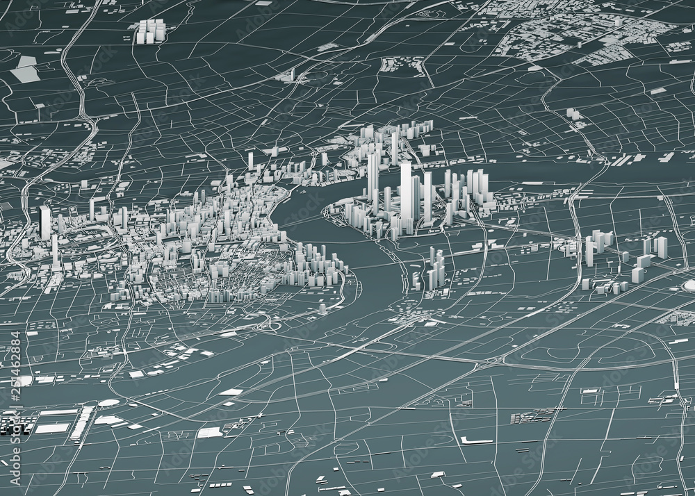 Poster Satellite view of Shanghai, map of the city with house and ...
