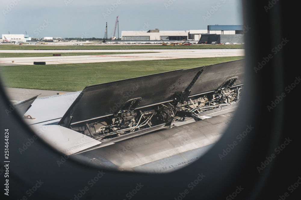 The inside of a wing plane while breaking when landing Stock Photo ...