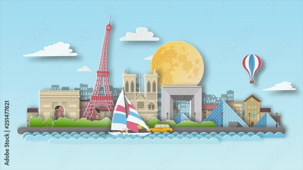 France travel destination background video animation ,flat cartoon and ...