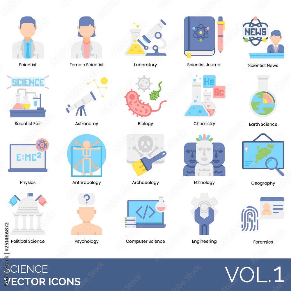Science icons including scientist, female, laboratory, journal, fair ...