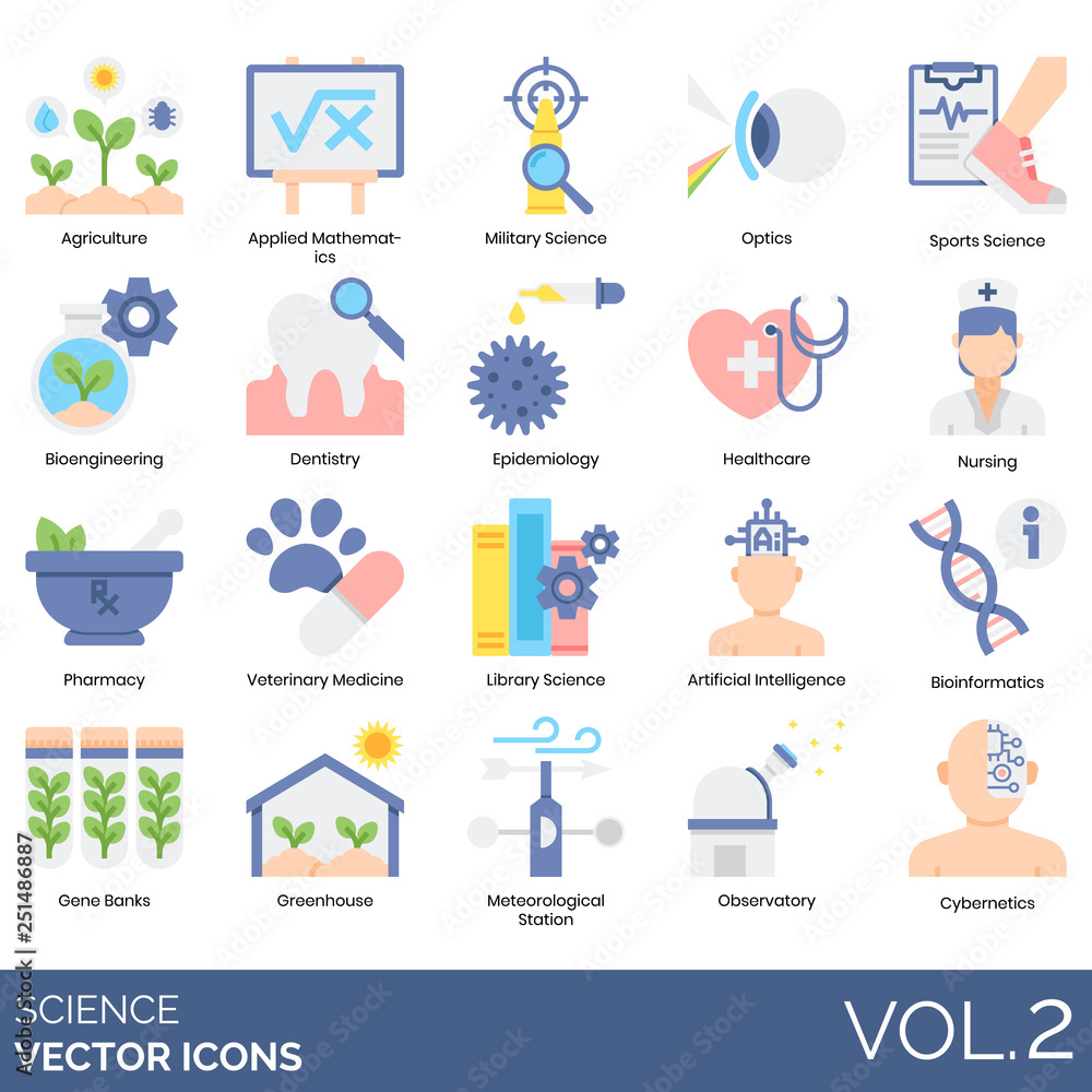 Science icons including agriculture, applied mathematics, military ...