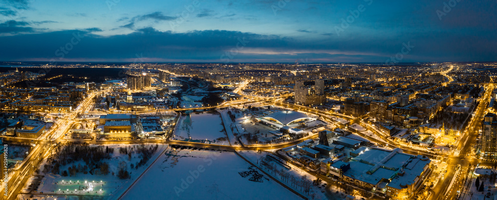 Aerial drone panorama; beautiful view Chelyabinsk city with illuminated ...