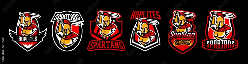 A collection of emblems, logos, badges, a Spartan with a sword. Ancient ...