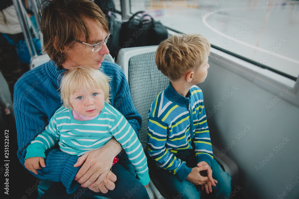 father with kids travel by bus, family using public transport Stock ...