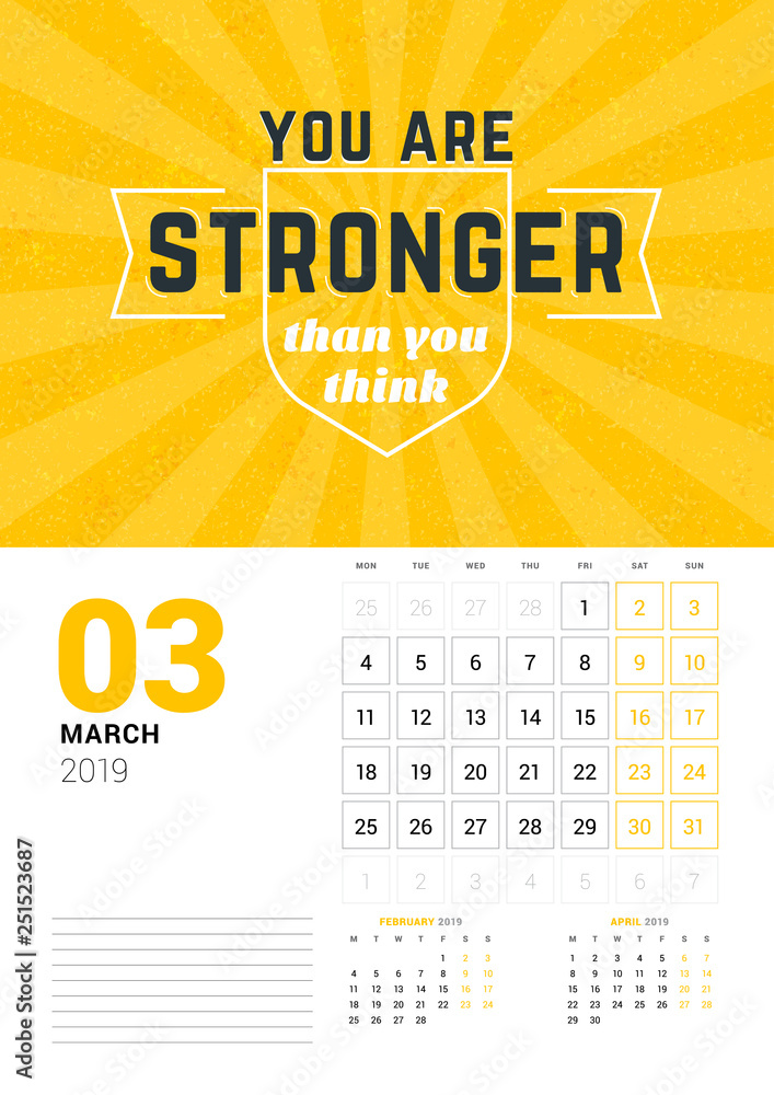 Wall calendar template for March 2019. Vector design print template ...