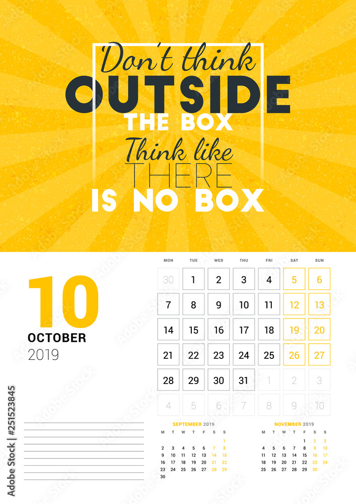 Wall calendar template for October 2019. Vector design print template ...