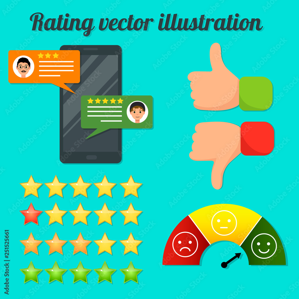 Set of elements. Review rating bubble speeches on mobile phone. Flat ...