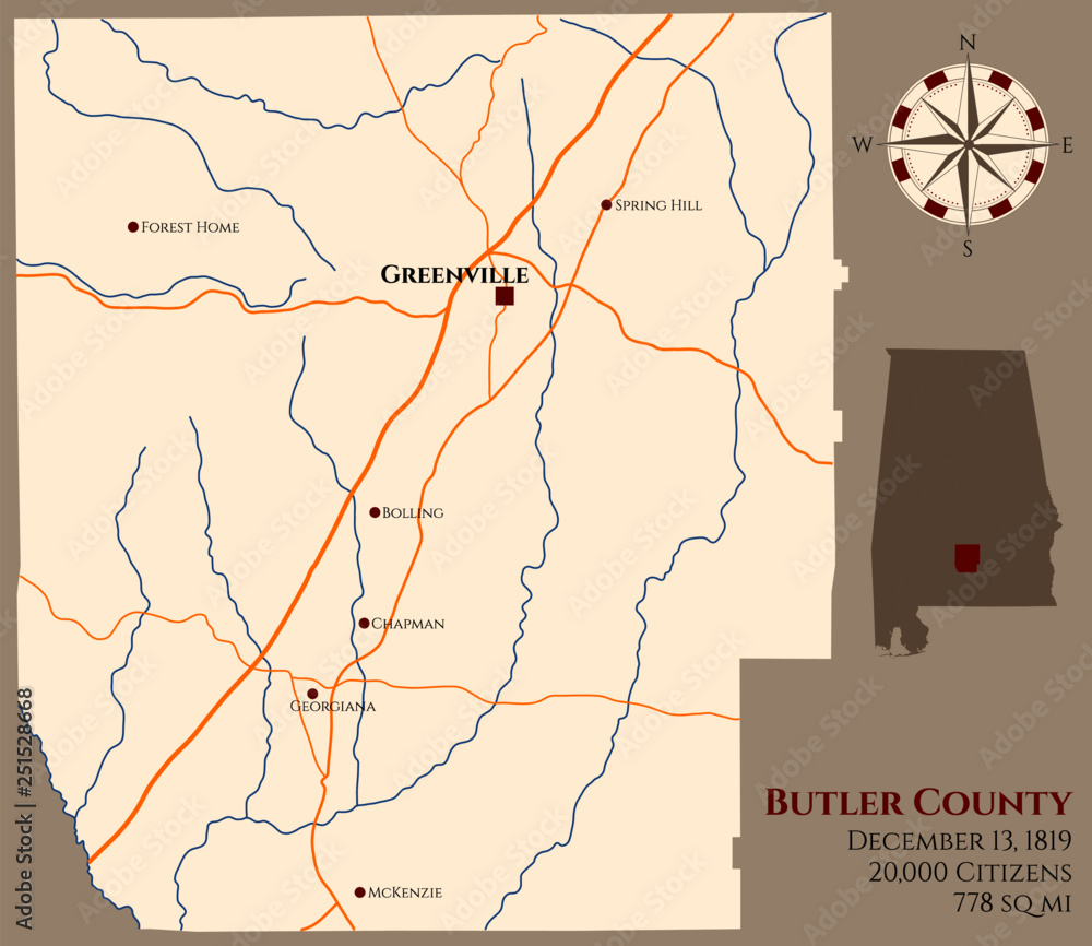 Large and detailed map of Butler county in Alabama, USA Stock Vector ...