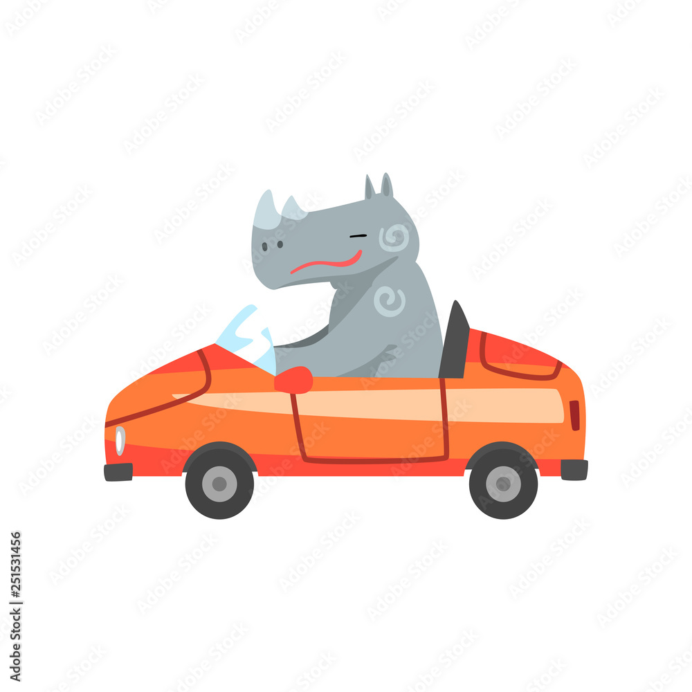 Hippo Driving Red Car, Animal Character Using Vehicle Vector ...