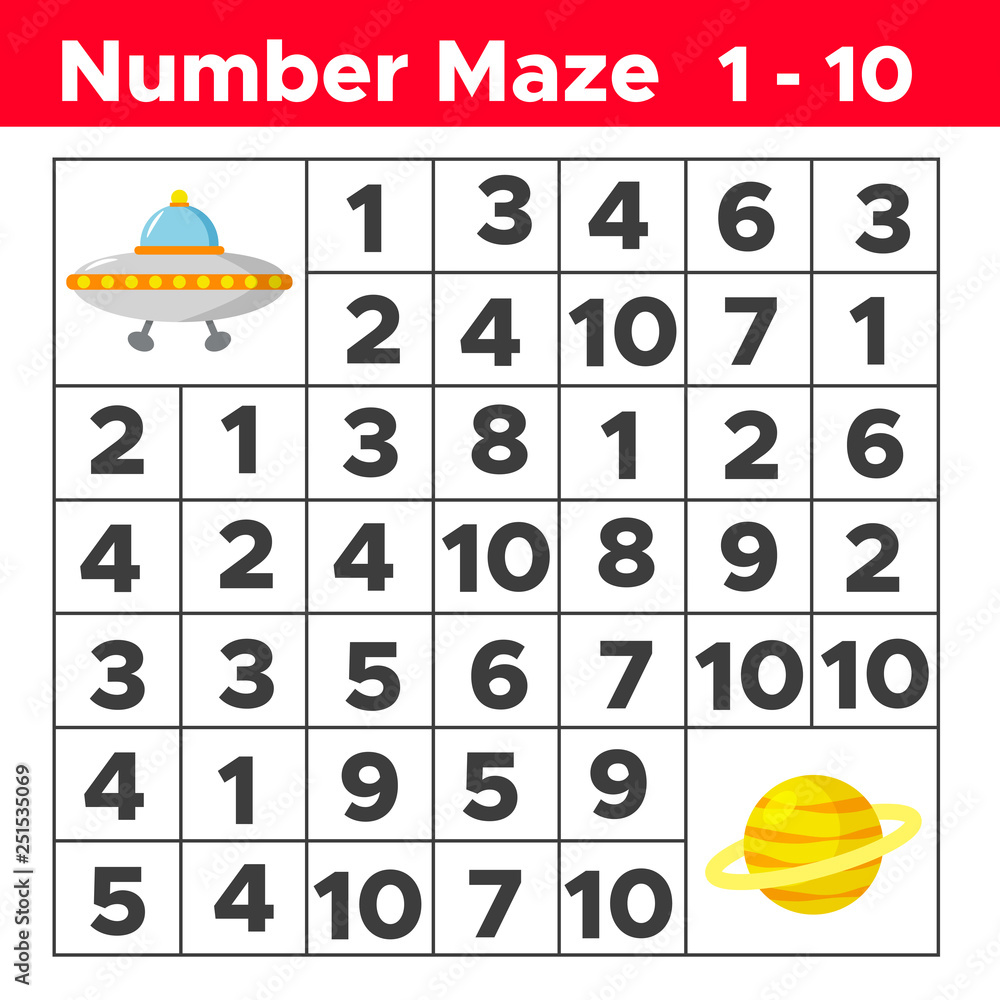 Number maze, math puzzle game for children. Help the UFO find way to ...