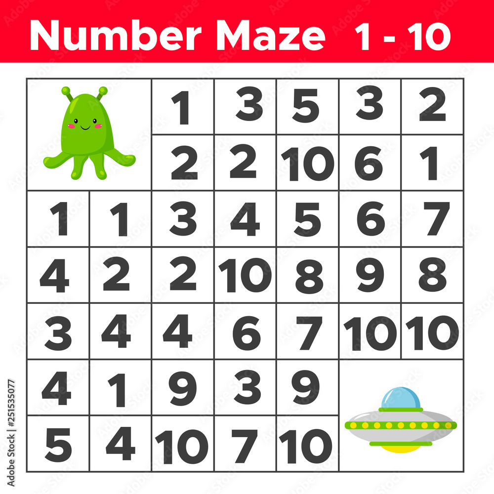 Number maze, math puzzle game for children. Help the alien find way to ...