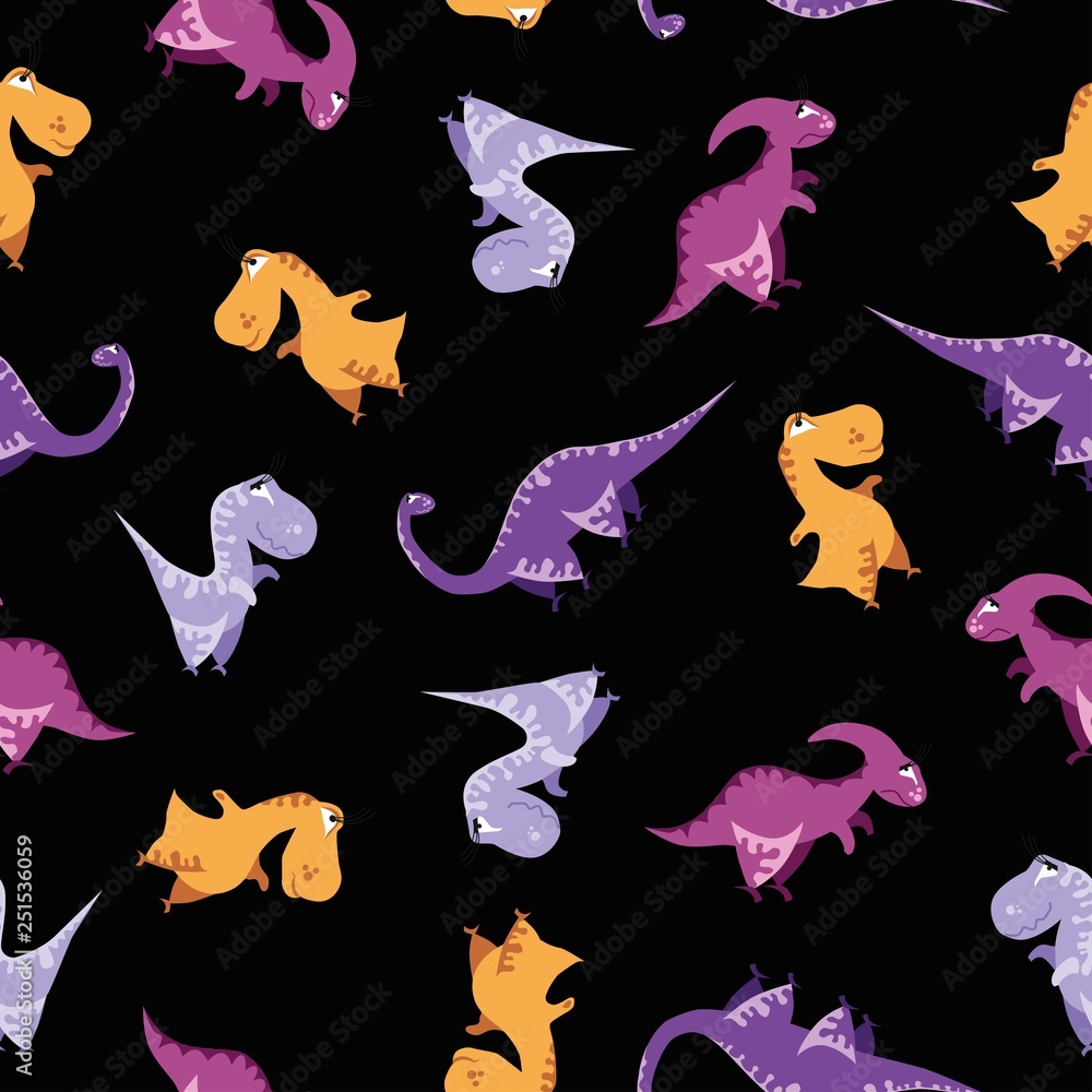 Seamless dinosaur pattern. Animal black background with colorful dino ...