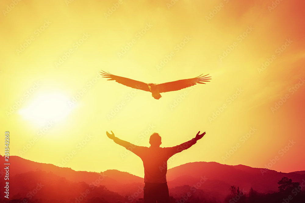 Man raise hand up on top of mountain and sunset sky with eagle bird fly ...