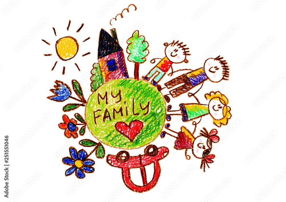 Kids drawing Happy family holding hands Mother, father, sister, brother ...