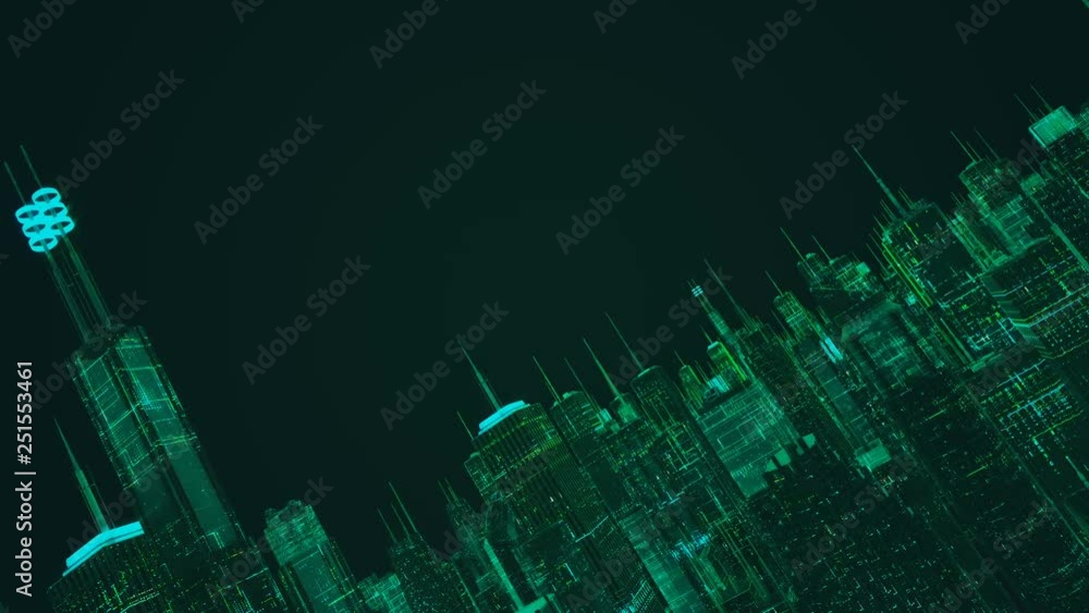 Aircraft flying through holographic cyber city jungle, personal ...