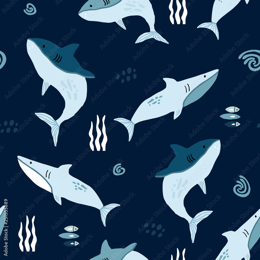 Seamless pattern with creative sharks . Creative undersea childish ...