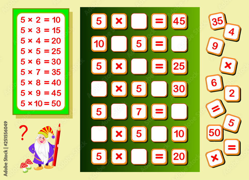 Multiplication table by 5 for kids. Find places for falling numbers and ...
