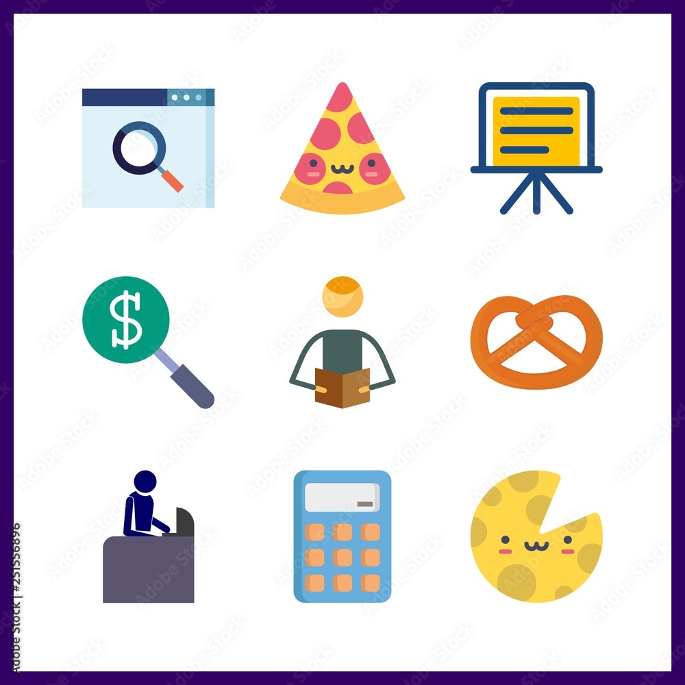 9 table icon. Vector illustration table set. pizza and calculator icons ...