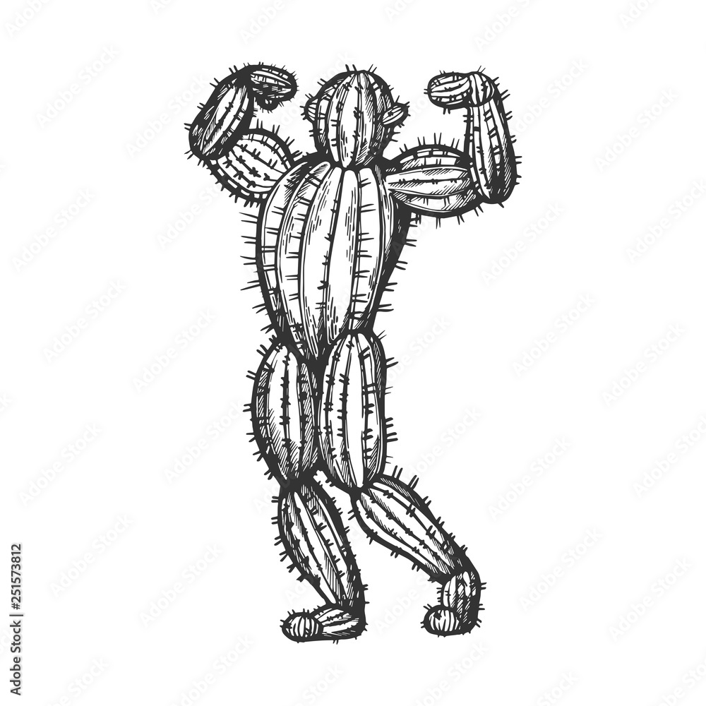 Cactus man posing sketch engraving vector illustration. Scratch board ...