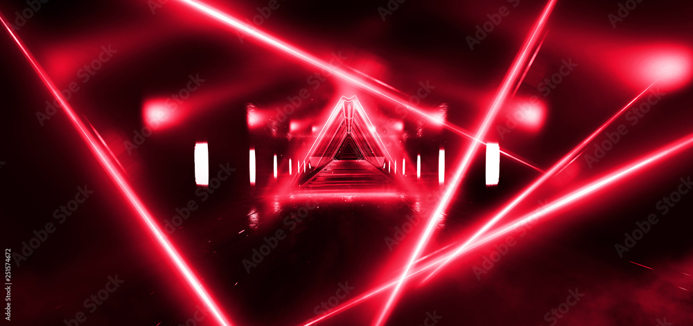 Red abstract background, red neon, spotlights. The tunnel with the rays ...