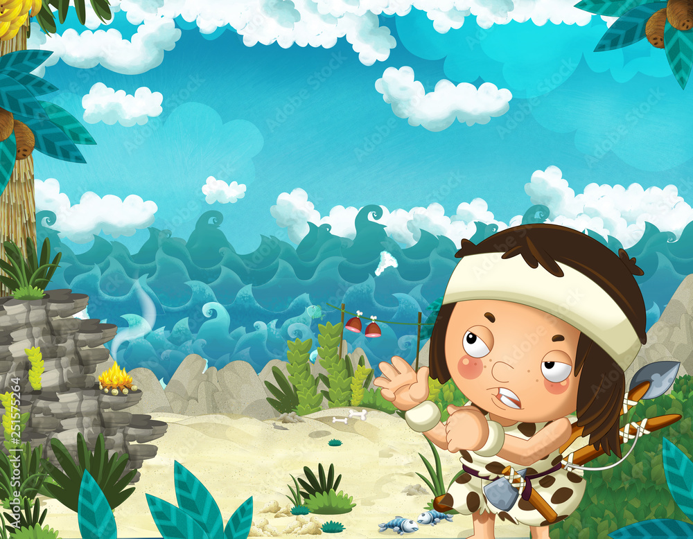cartoon stone age scene with cavemen living near sea shore hunting and ...