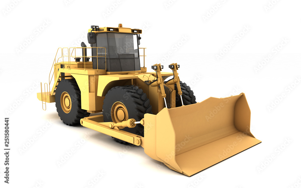 Powerful yellow hydraulic wheel bulldozer isolated on white. 3D ...