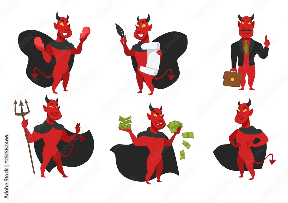 Demon hell devil in black cloak with red skin and trident Stock Vector ...