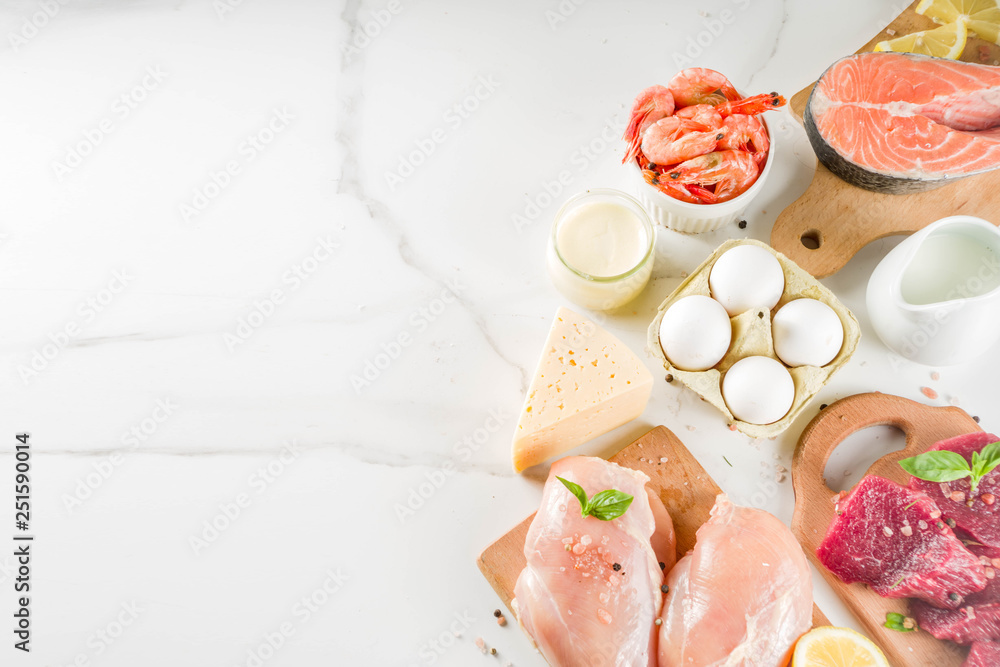 Animal protein sources - raw beef meat steak, chicken breast fillet ...