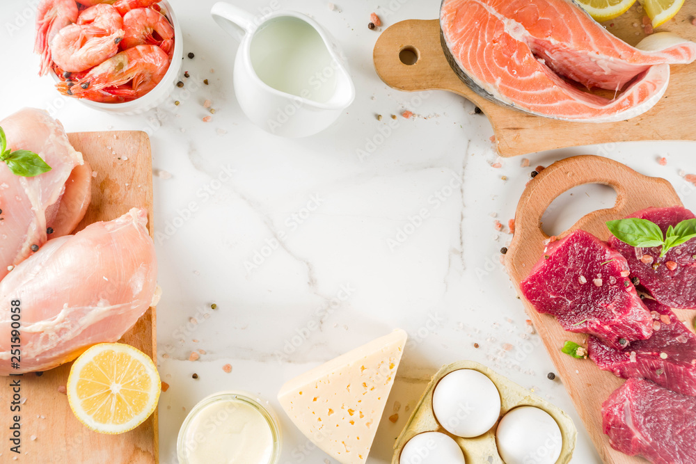 Animal protein sources - raw beef meat steak, chicken breast fillet ...