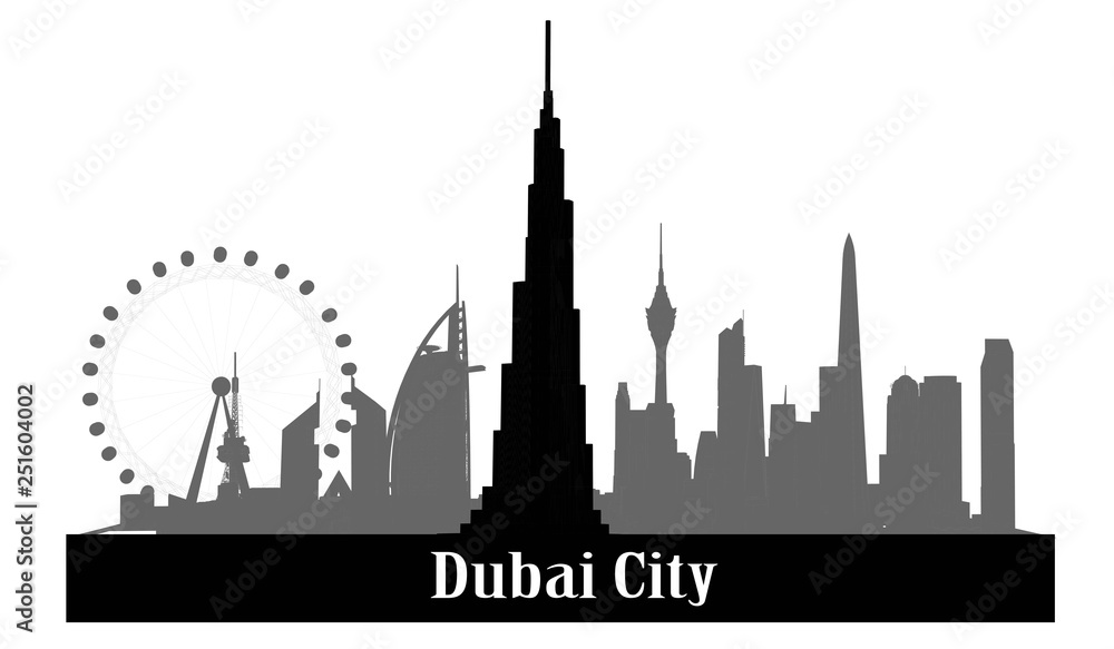 Black and white vector illustration, Dubai city building, United Arab ...