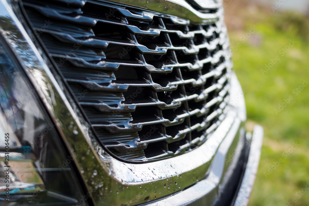 Grid of car. Radiator grille. Metal close-up texture background. Chrome ...