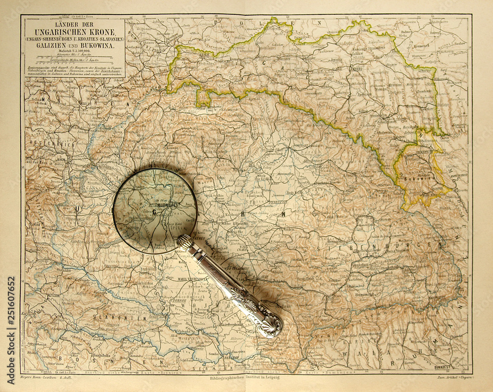 Old map of Hungarian Empire with magnifying glass Stock Photo | Adobe Stock