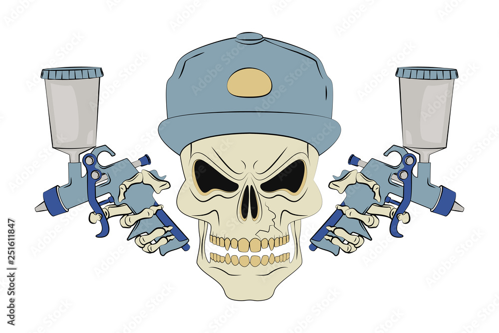 Angry human skull and two spray guns. Design element for logo, label ...