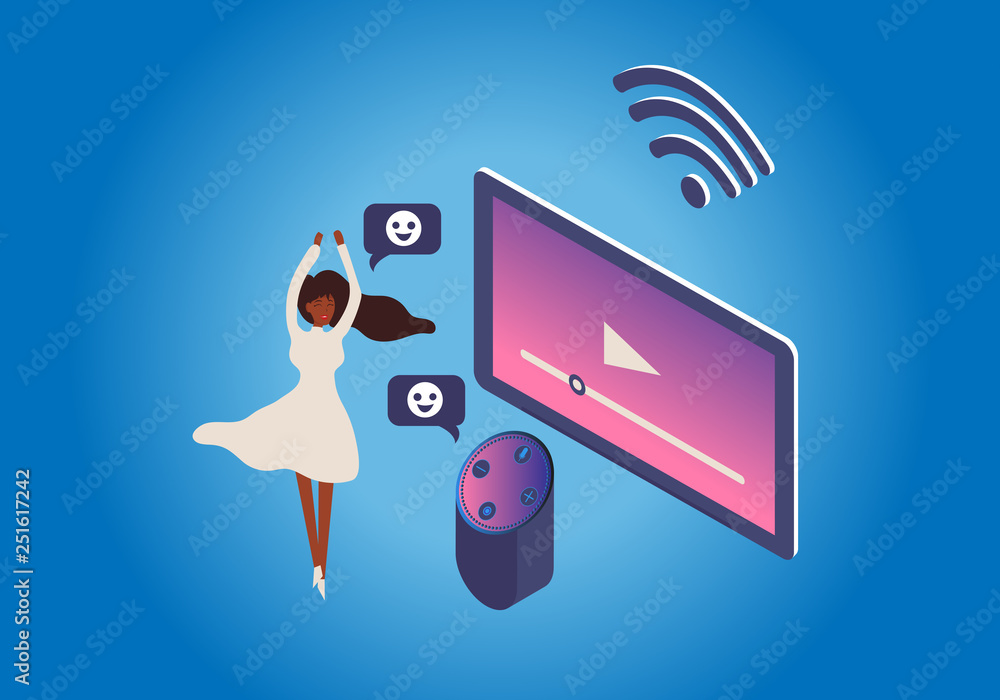 Cartoon picture of black woman character likes Smart speaker, Voice ...