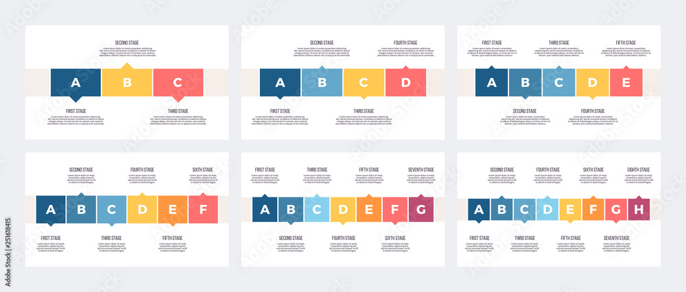Business infographics. Timeline with 3, 4, 5, 6, 7, 8 steps, options ...