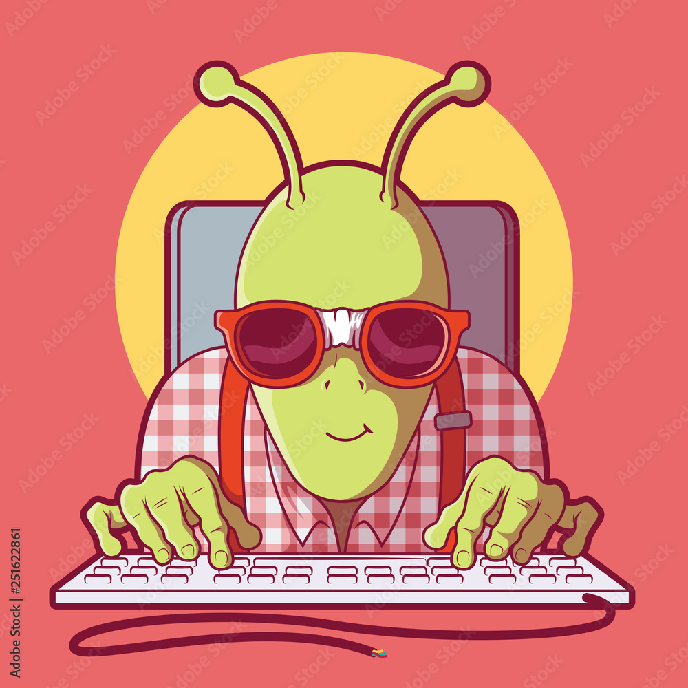 Alien dressed as a Nerd vector illustration. Cyberspace, technology ...