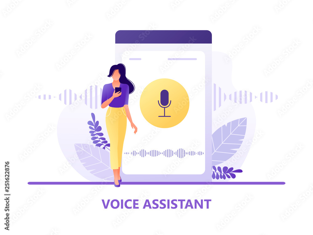 Voice assistant. Young woman with mobile near smartphone. Speaker ...