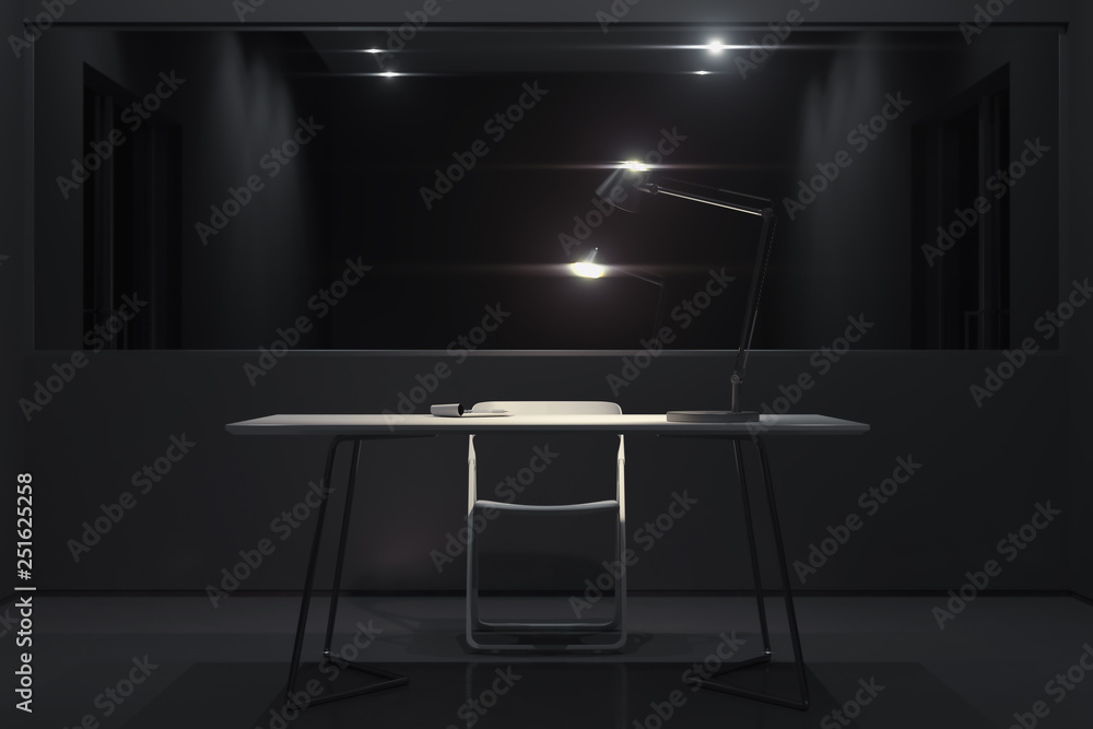 Dark interrogation room with switched-on lamp and big mirror, 3d ...