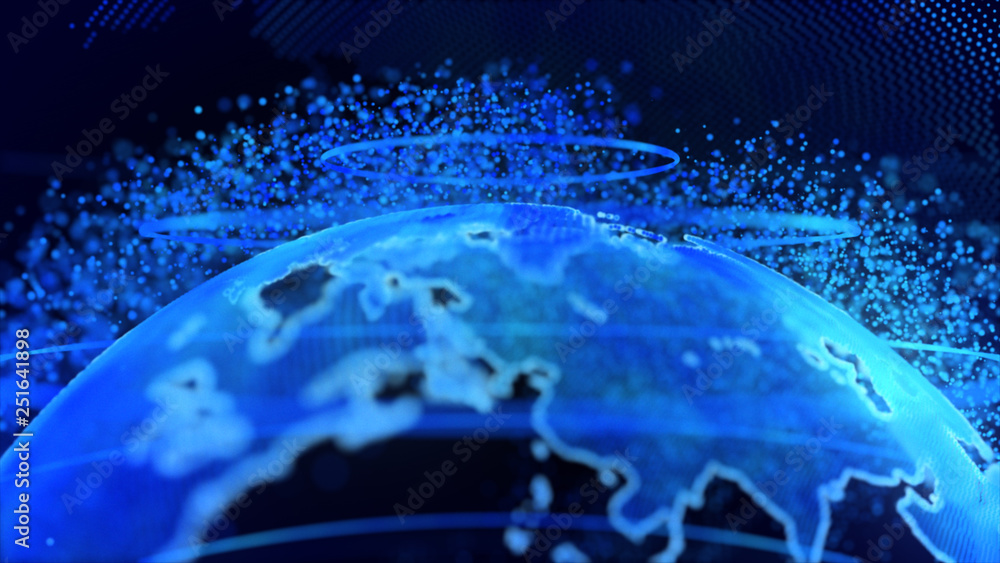 Blue 3D rendering of earth technology, business and communications ...